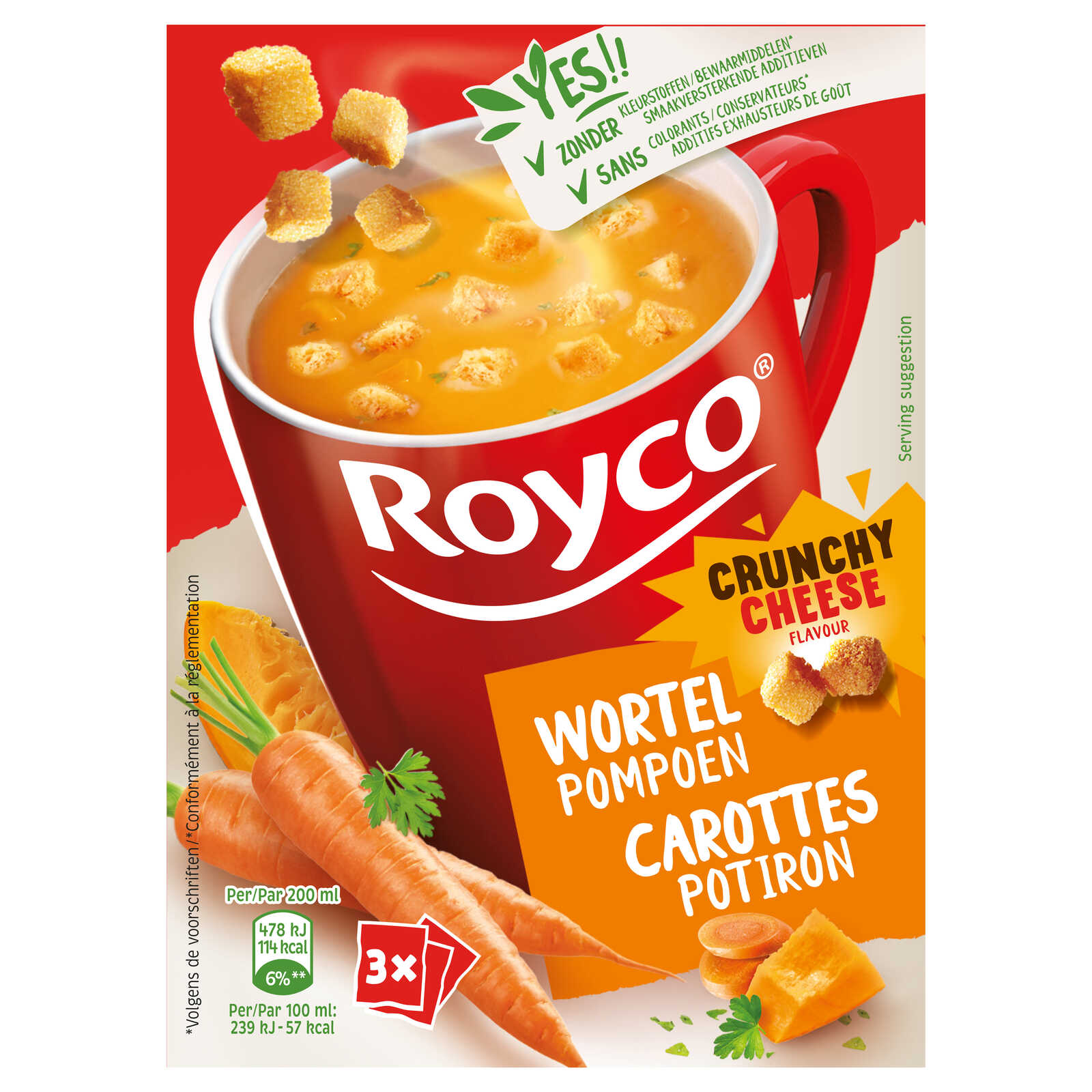 Royco | Soupe | Potiron-Carottes | Crunchy cheese | 3 x 22,7 gr | Delhaize
