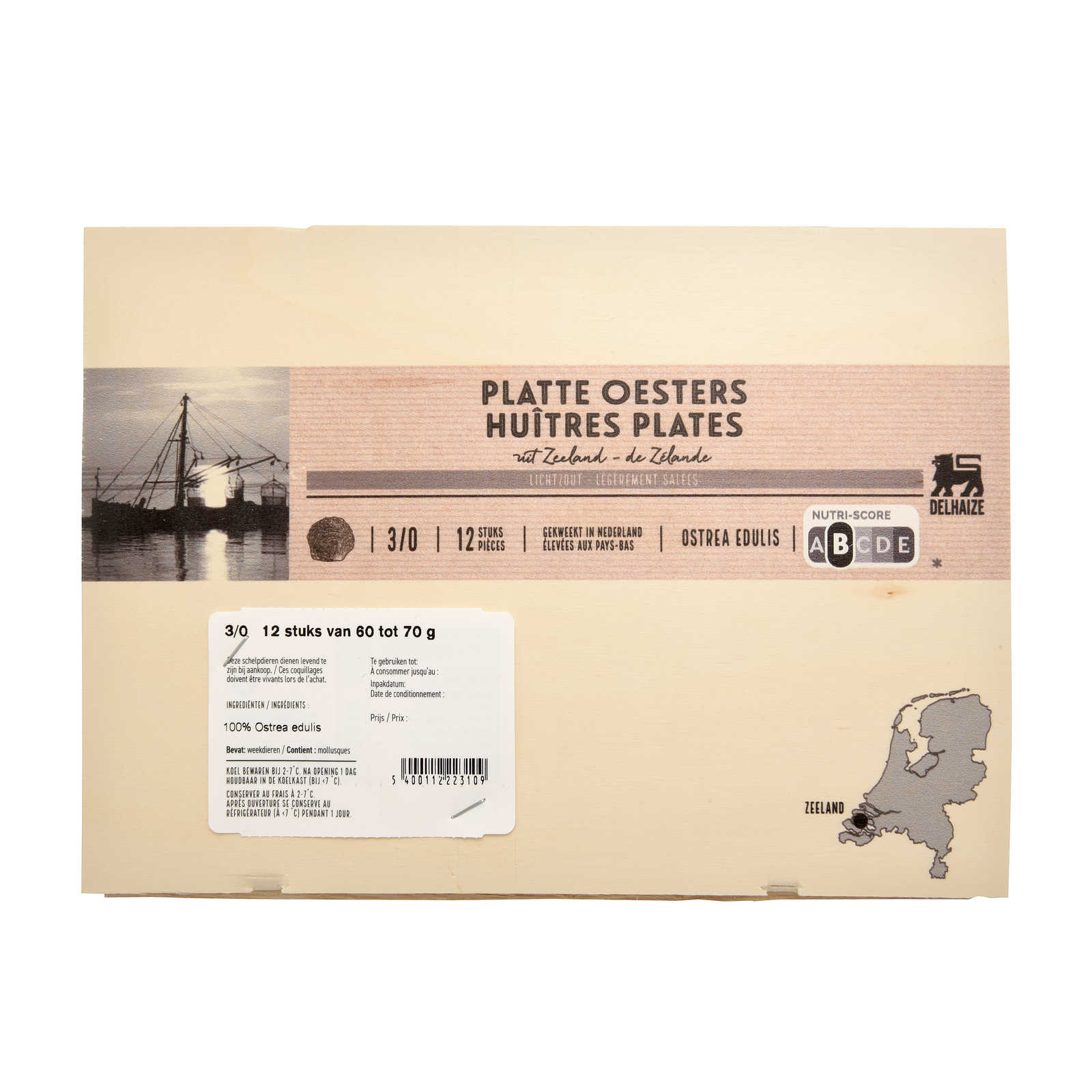 Delhaize | 12 Platte oesters | Zeeland | 3/0 | 720 gr | Delhaize