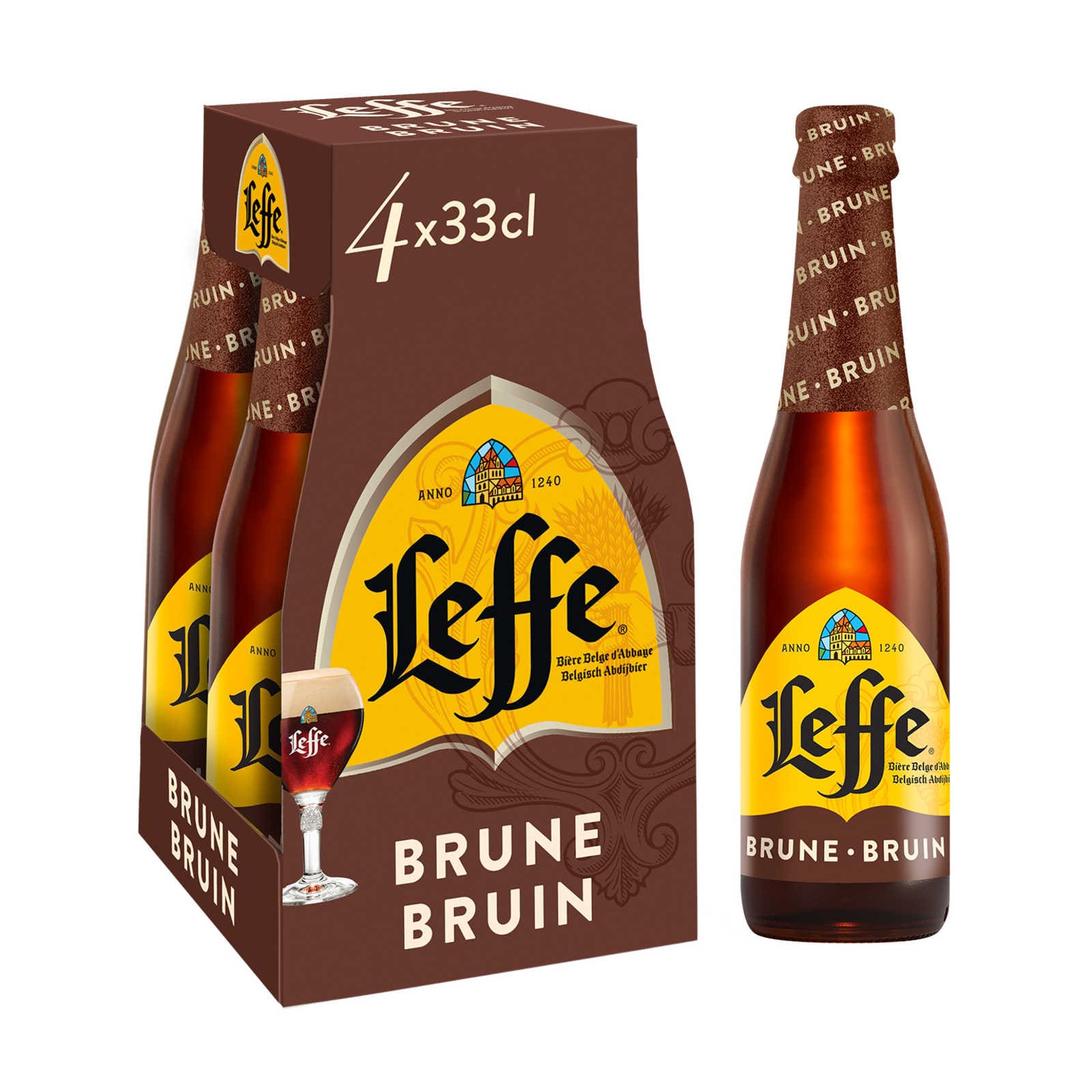 Leffe | Abdijbier | Bruin | 6,5% alc | Fles | 4 x 33 cl | Delhaize