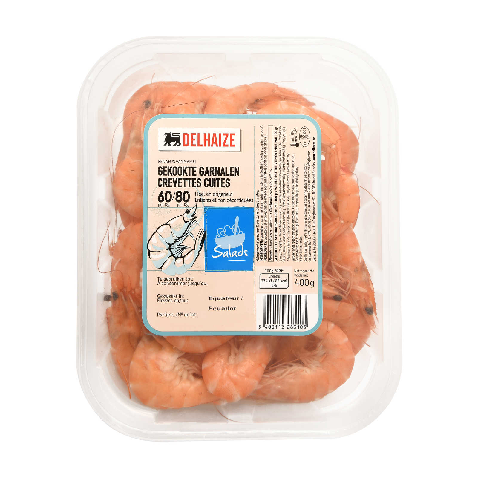 Delhaize | Crevettes | Cuites-Non décortiquées | 400 gr | Delhaize