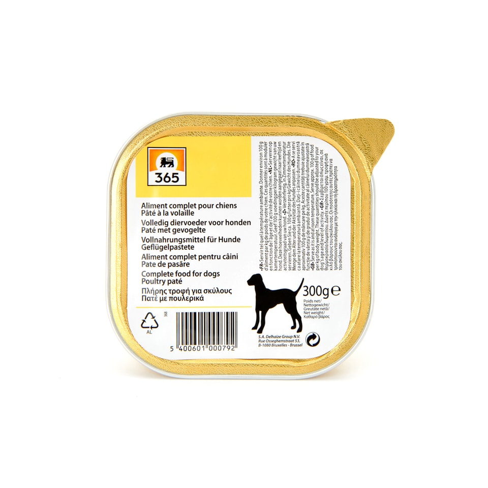 365 | Delhaize | Aliment chien | Pâte | Volaille | 300 gr | Delhaize