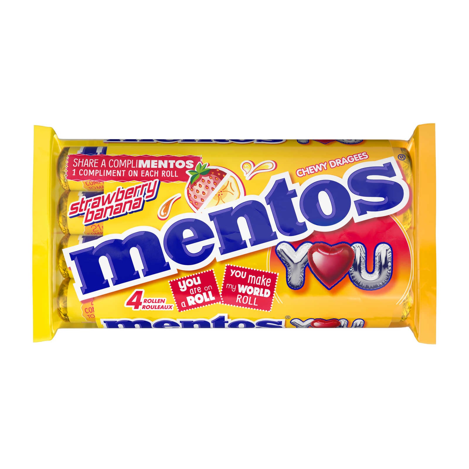 Mentos | Snoepjes | Complimentos | Aardbei-banaan | 4 x 37,5 gr | Delhaize