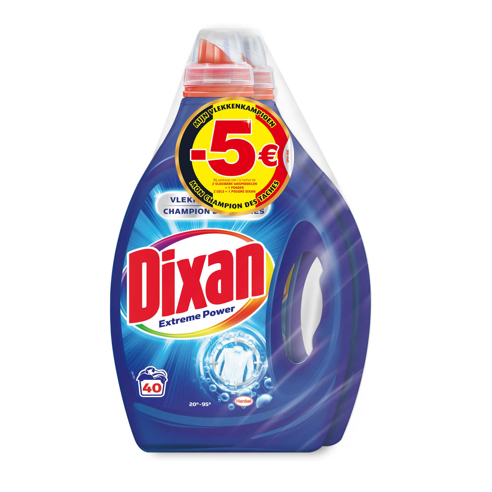 Dixan | Lessive | Gel | Extreme power | Duo | Bon €5 | 2 x 40 pc | Delhaize