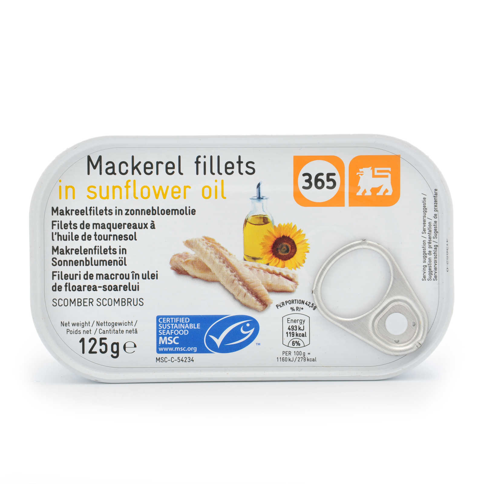365 | Delhaize | Makreel | Zonnebloemolie | 85 gr | Delhaize