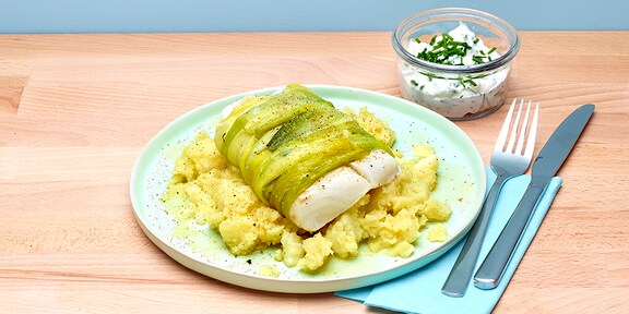 Skreirollades met prei en gepureerde aardappel