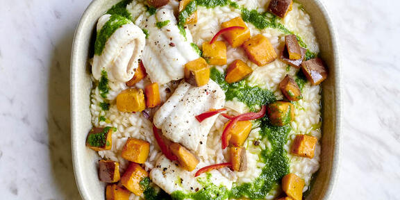 Risotto met tongiflets, zoete aardappelen en waterkerspesto