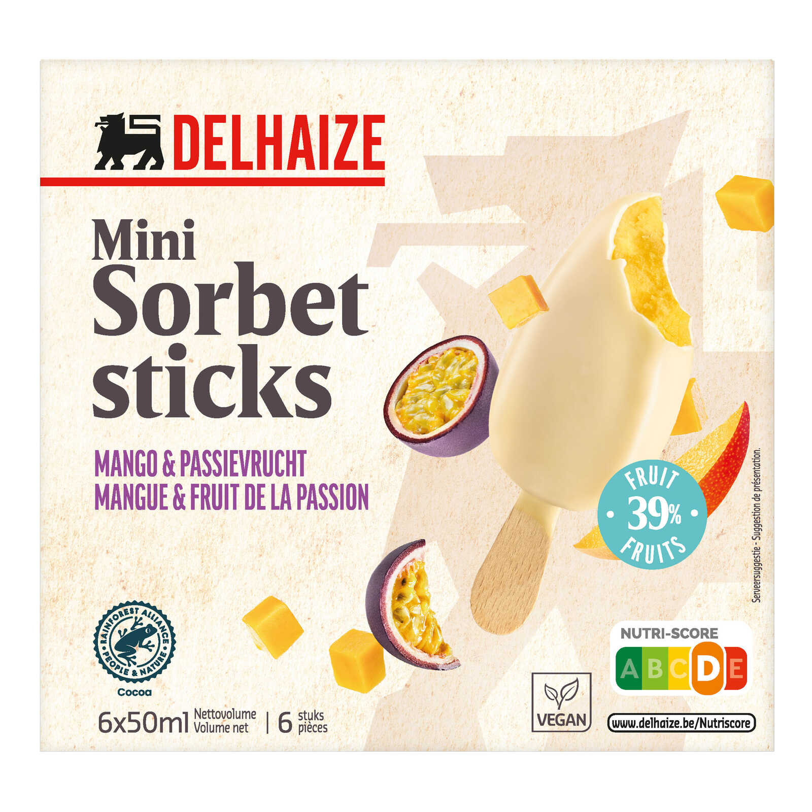 Delhaize | Mini sorbet | Stick | Mango | Passie | 6 x 5 cl | Delhaize