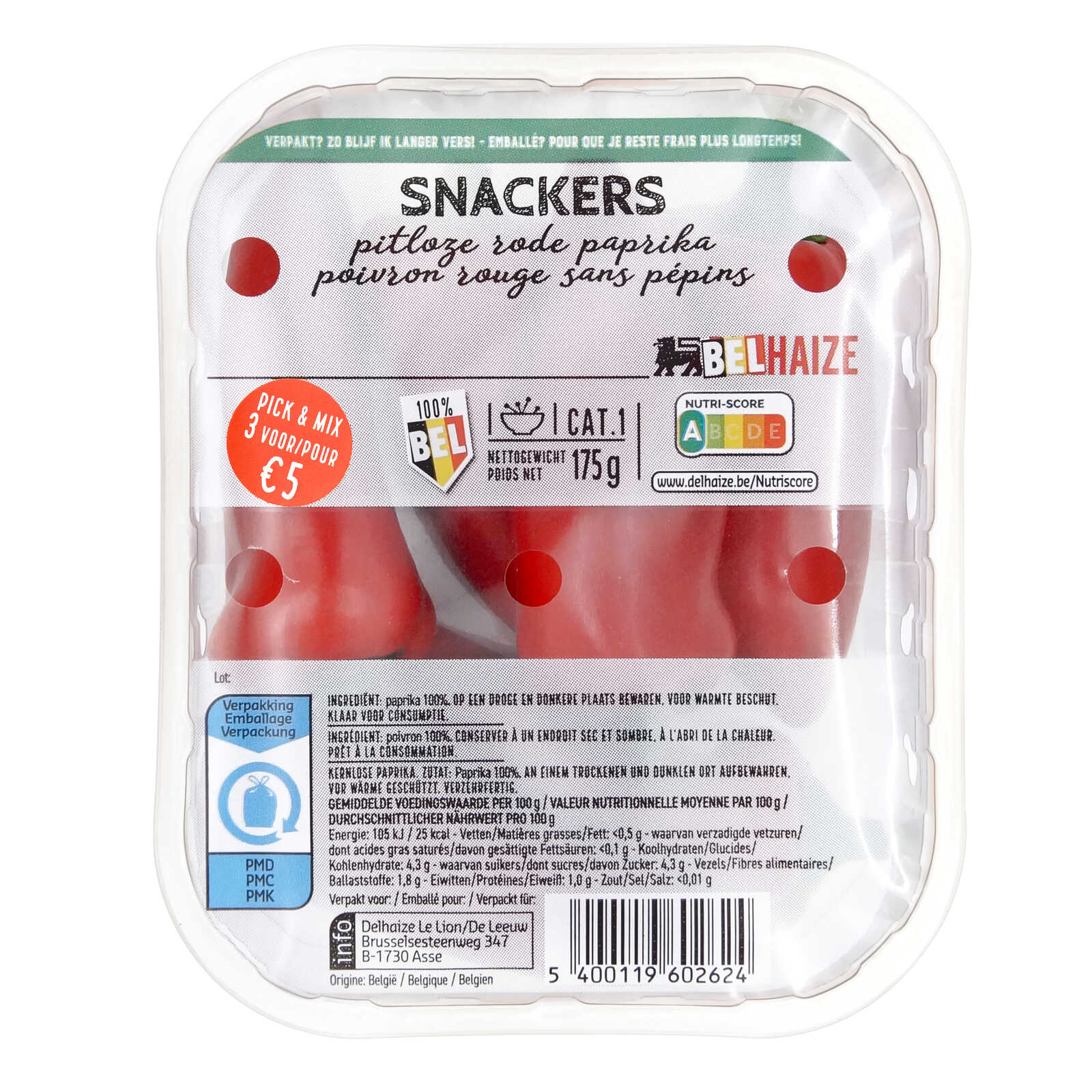Delhaize | Poivron | Rouge | Snack | Sans peppins | 175 gr | Delhaize