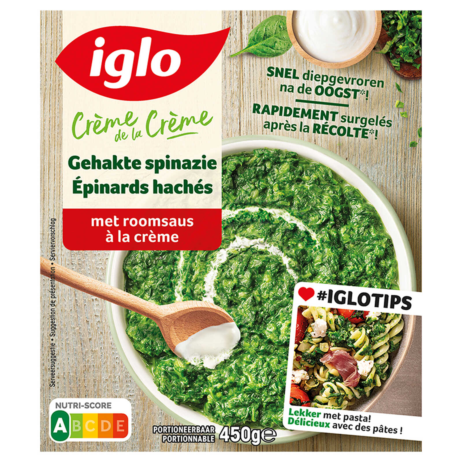 Iglo | Crème de la Crème | Gehakte spinazie | Room | 450 gr | Delhaize
