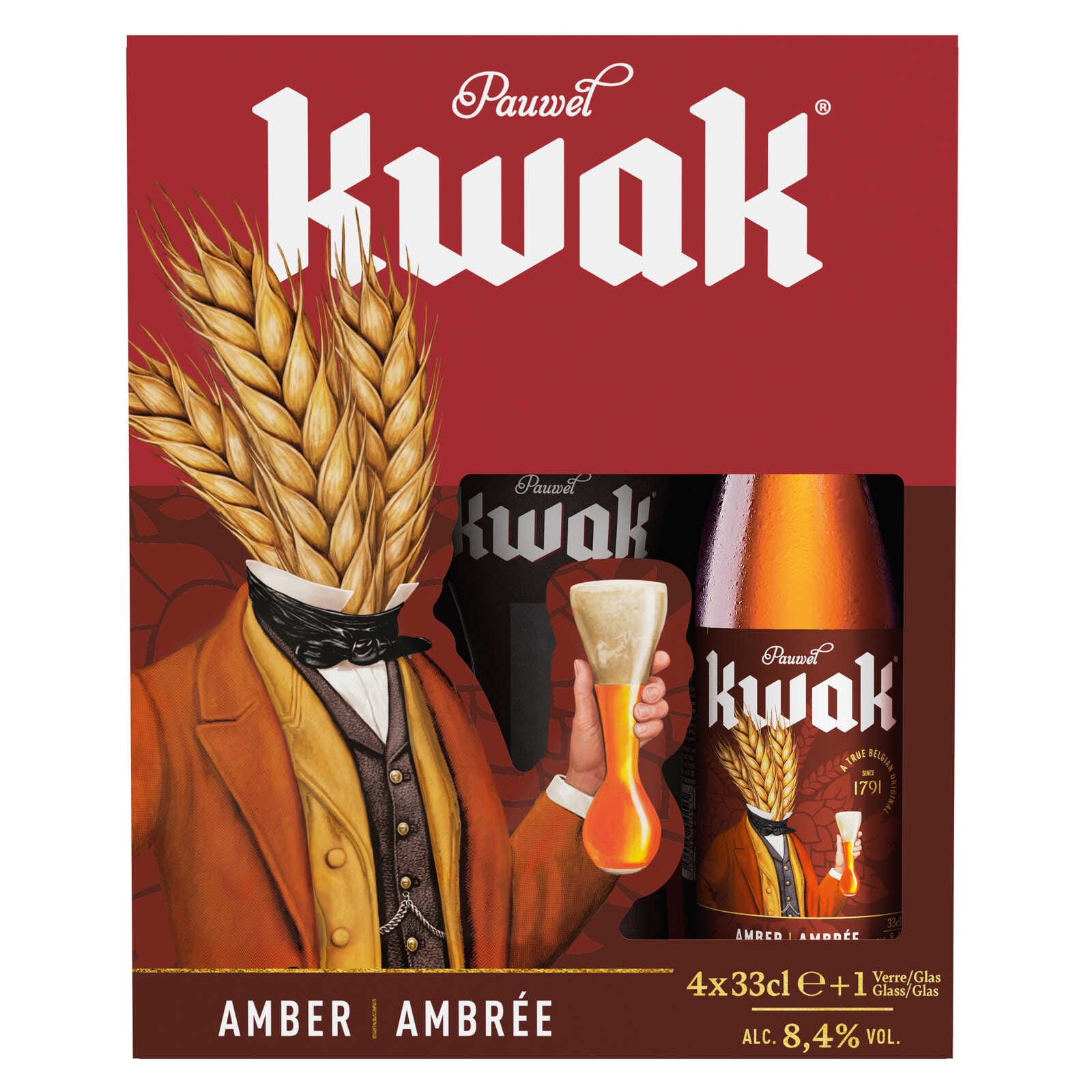 Kwak | Amber bier | 8,4% Alc. | Giftpack + glas | 4 x 33 cl | Delhaize